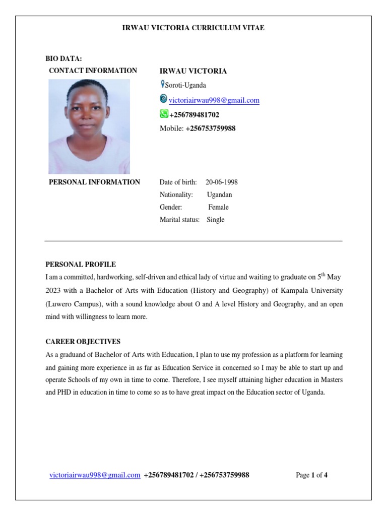 Current C.V Format 2023 Uganda | PDF | Teachers | Curriculum