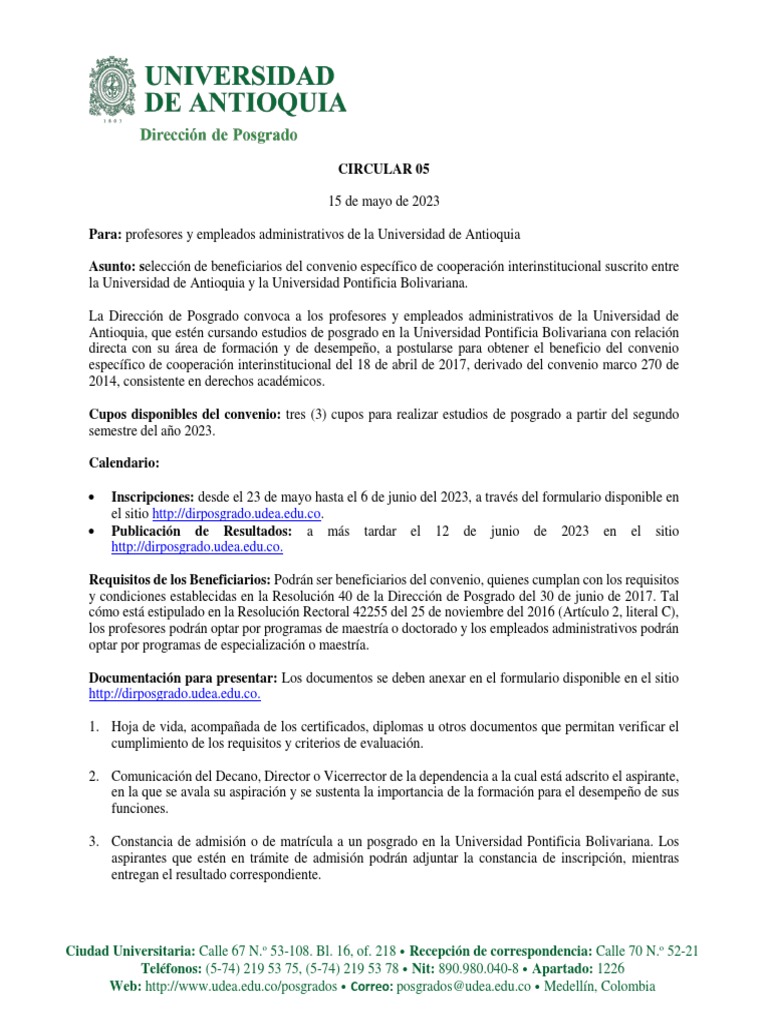 Circular 05 Del 15 de Mayo de 2023 - Estímulos para 2023-2 Convenio UPB | PDF | Universidad