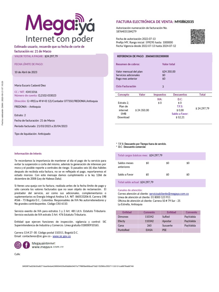 Factura de servicios públicos de internet para el mes de marzo de 2023 ...