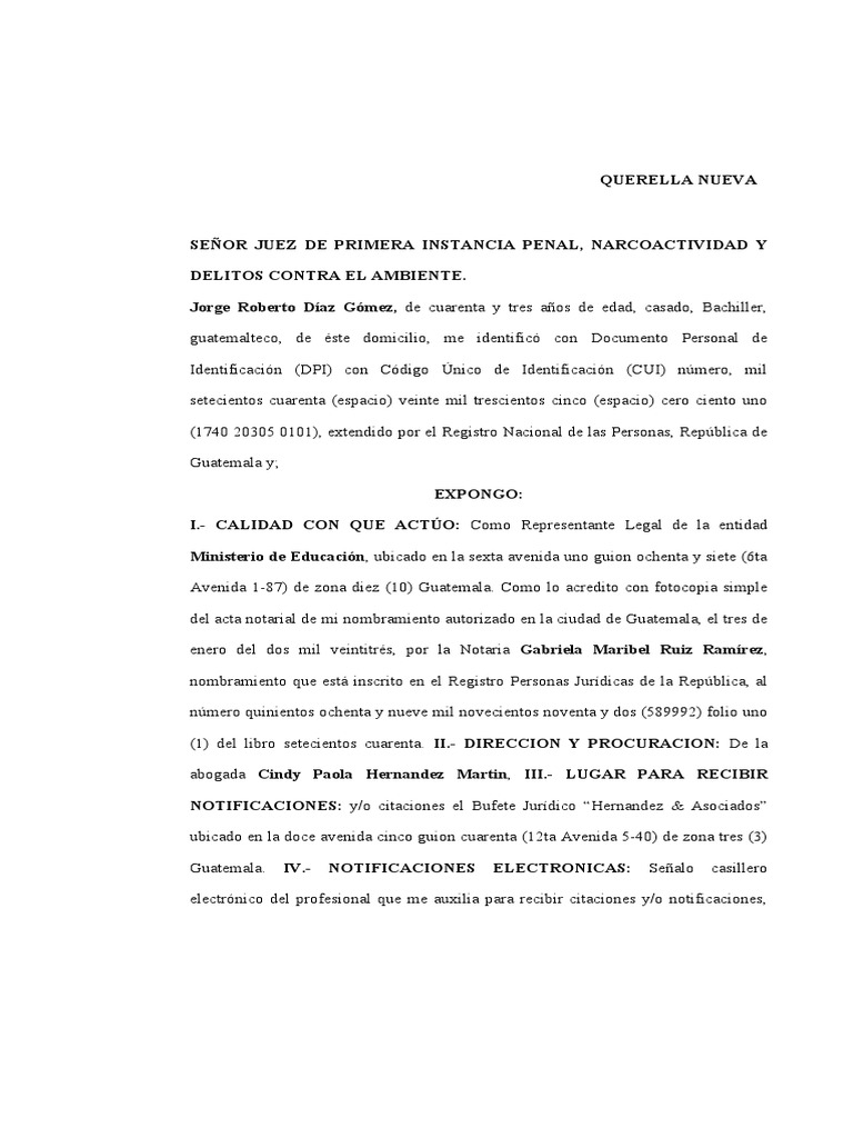 Querella Penal - Primer Borrador | PDF | Queja | Justicia