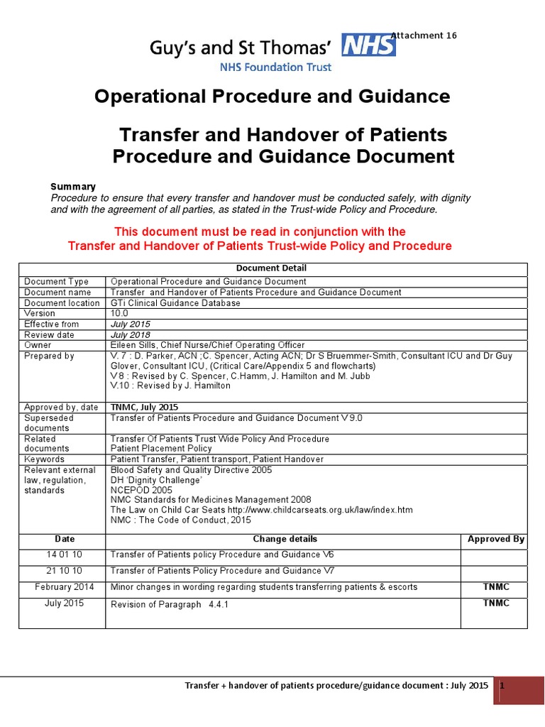 Transfer and Handover of Patients Procedure and Guidance | PDF