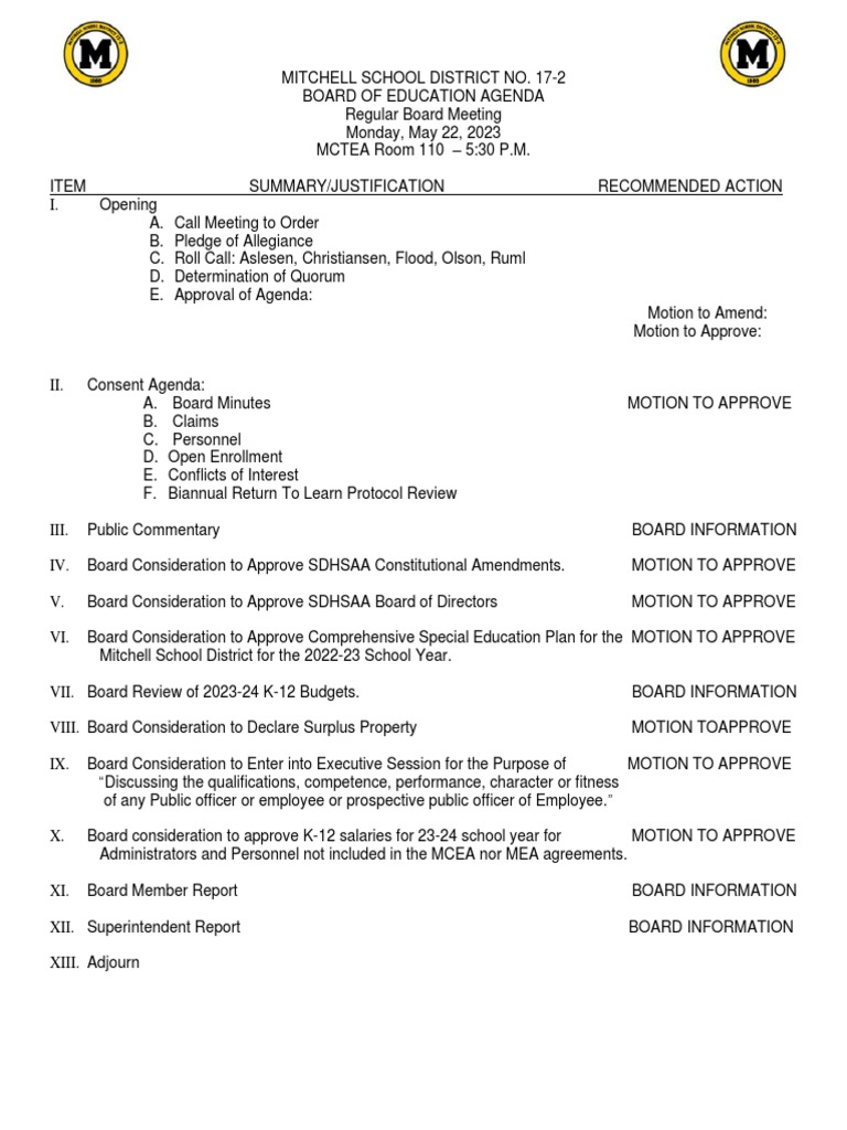 May 22 Mitchell Board of Education Meeting Agenda | PDF ...