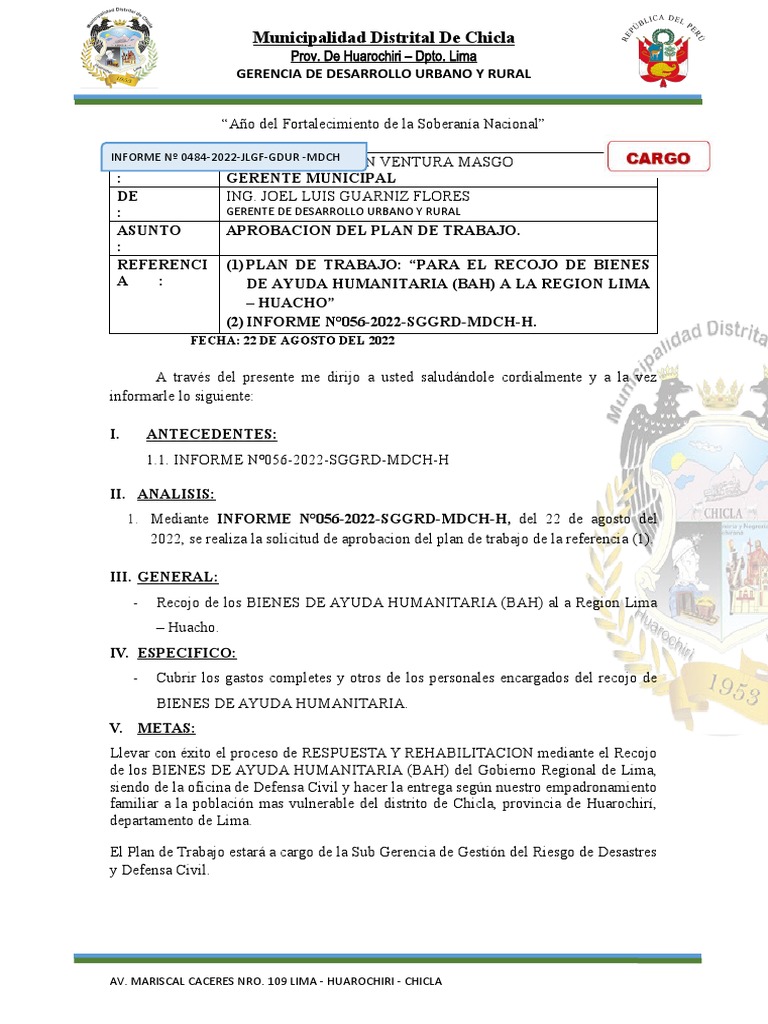 Informe #0448-2022-Jlgf-Gdur - MDCH - Plan de Trabajo - Huacho | PDF ...