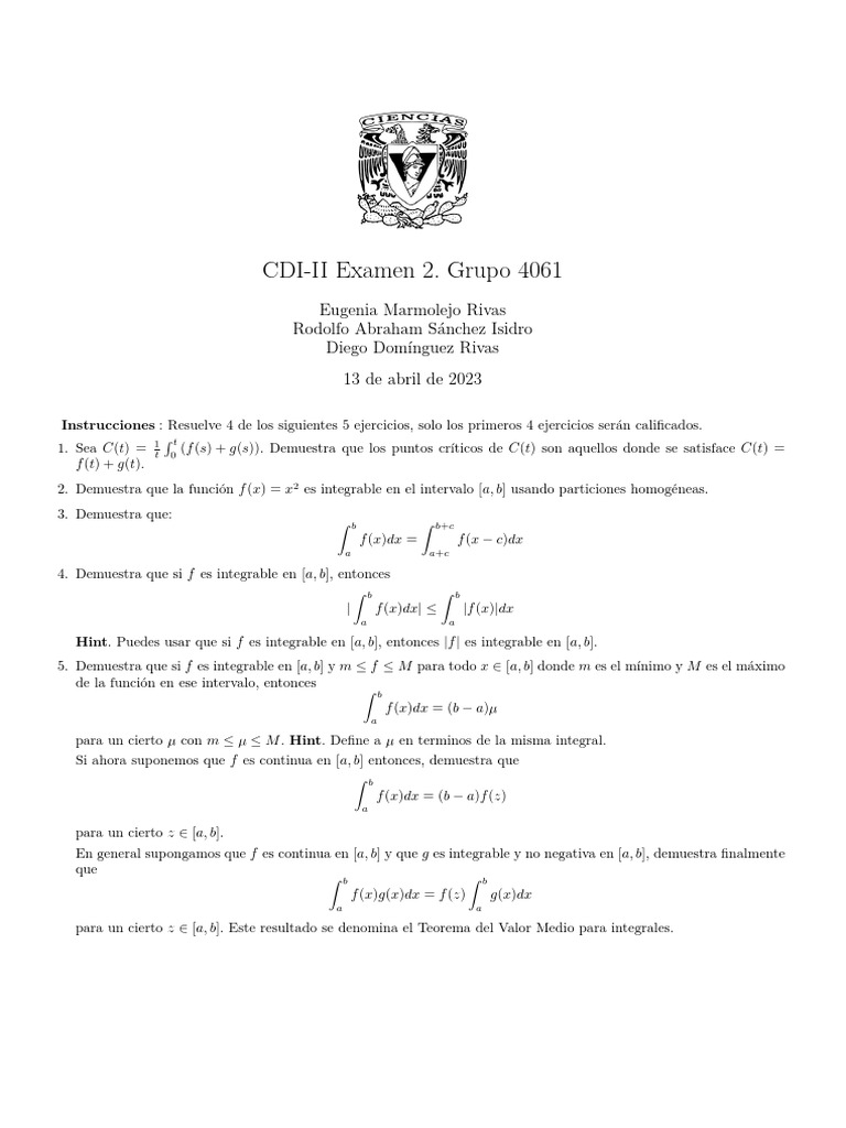 CDI II Examen 2 | PDF | Integral | Matemáticas