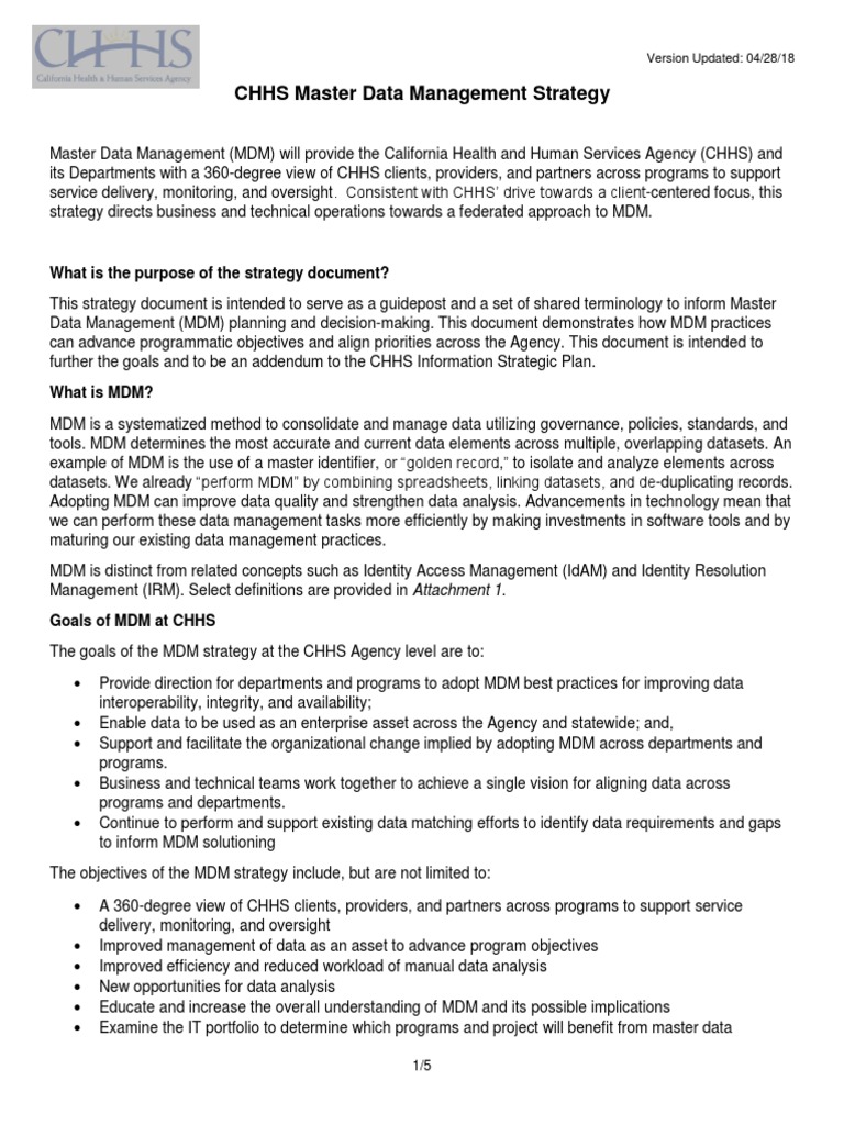 CHHS Master Data Management Strategy | PDF | Governance | Information Management