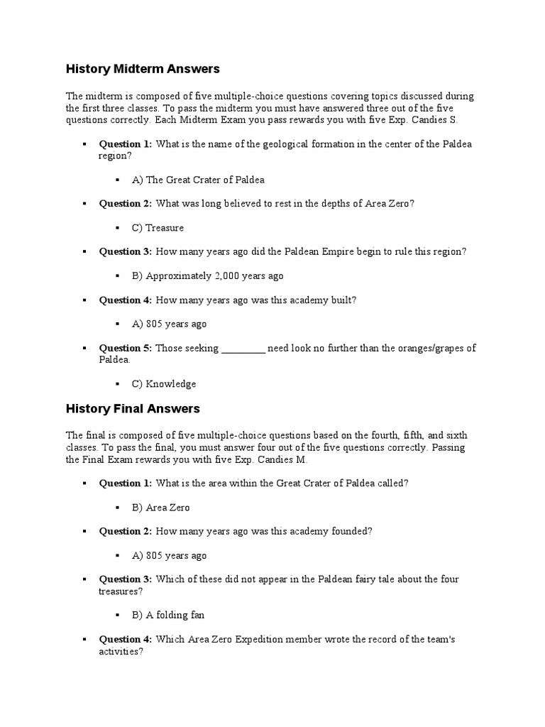 Paldea History Exam Answers Guide | PDF | Social Science