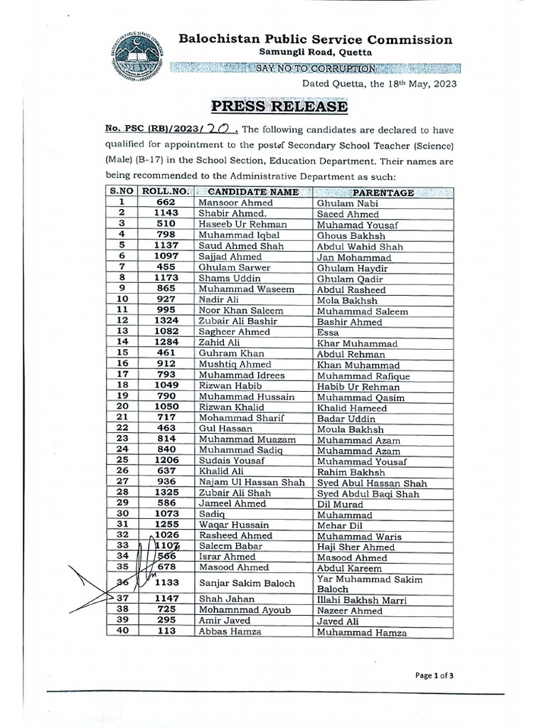 BPSC SST Science Male Result-2023 | PDF
