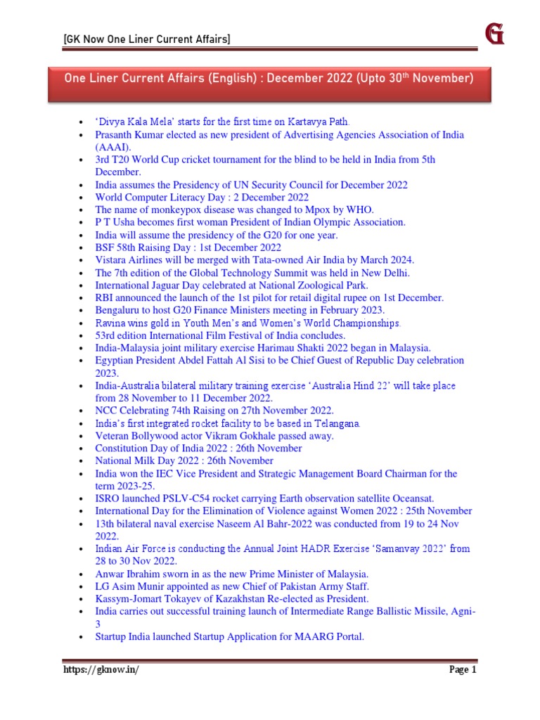 One Liner PDF December (Upto 30 November) English | PDF