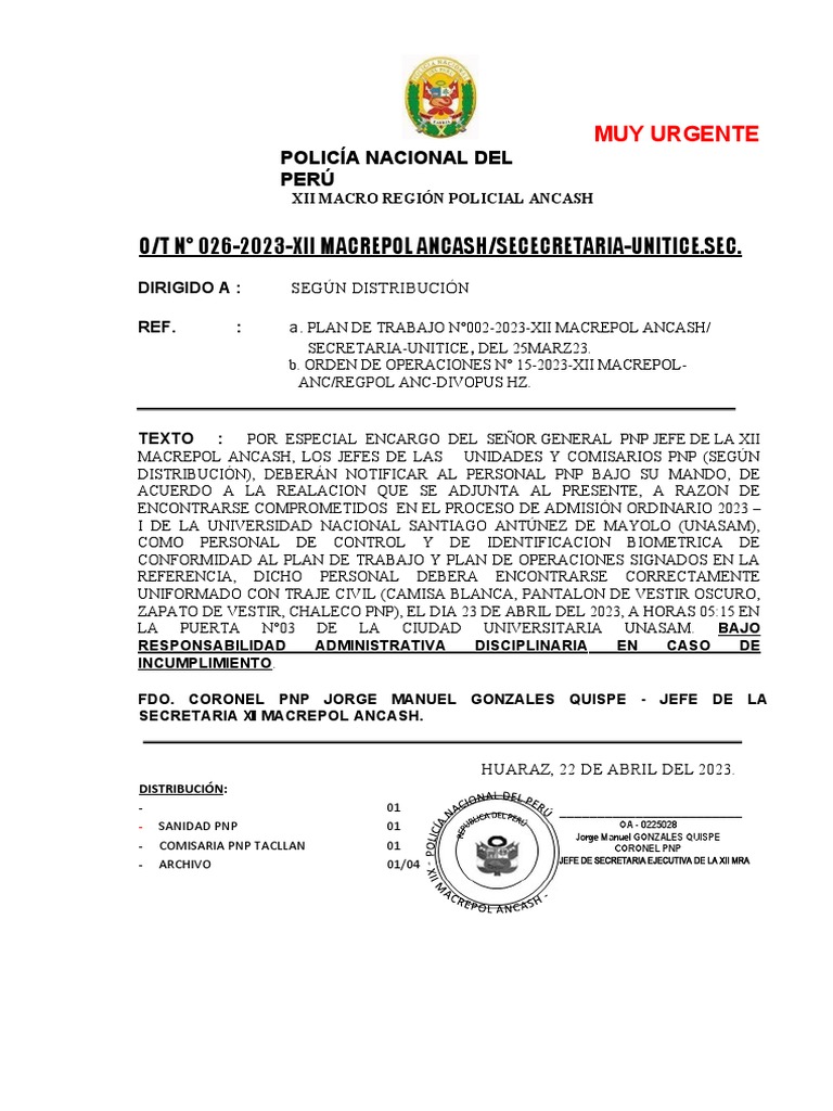 Muy Urgente Personal PNP Unasam | PDF