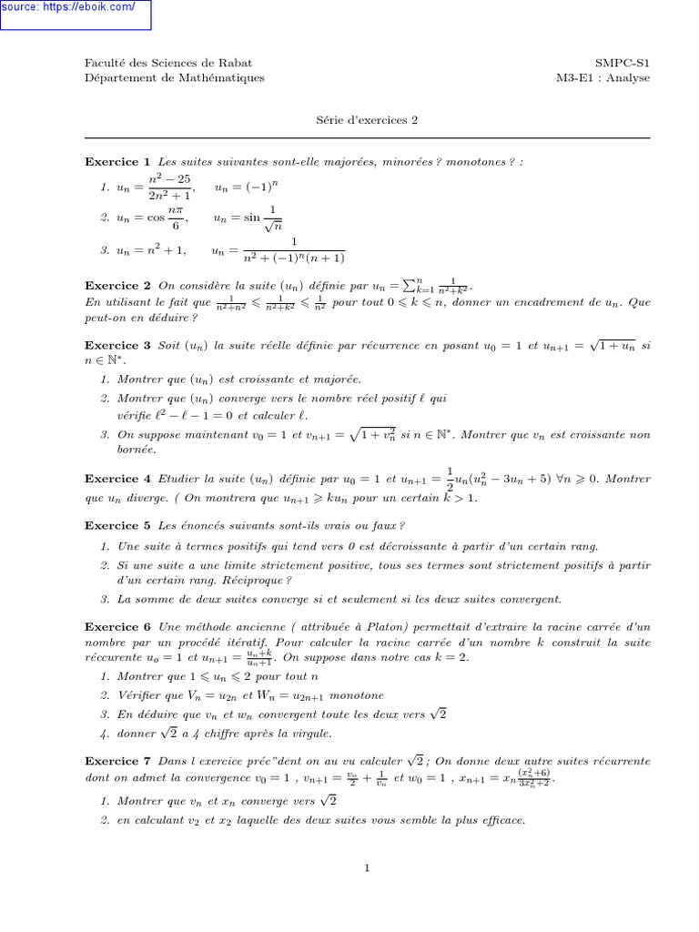 ANALYSE 1 Exercies 2 | Download Free PDF | Séquence | Concepts ...