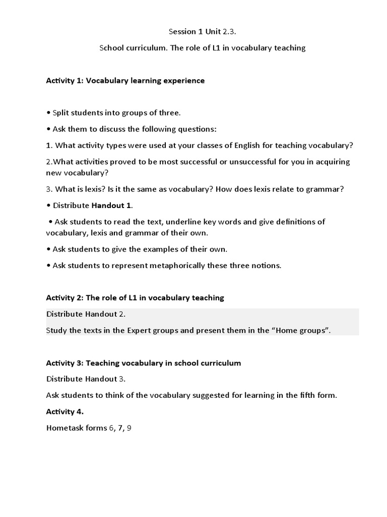 Session 1 Unit 2.3 | PDF | Second Language | Vocabulary