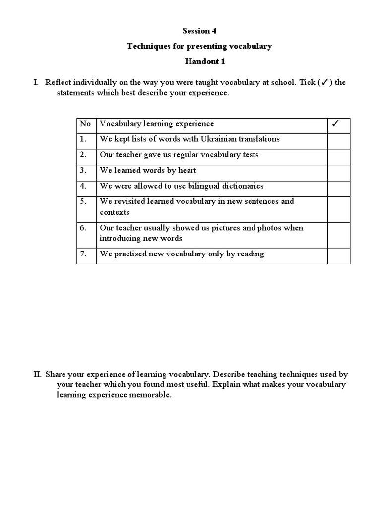 Session 4 Unit 2.3. Techniques For Presenting Vocabulary | PDF | Vocabulary | Reading Comprehension