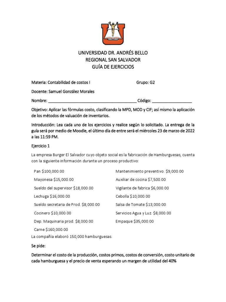 Guia de Ejercicios COSTOS G2 | PDF | Hamburguesas | Alimentos