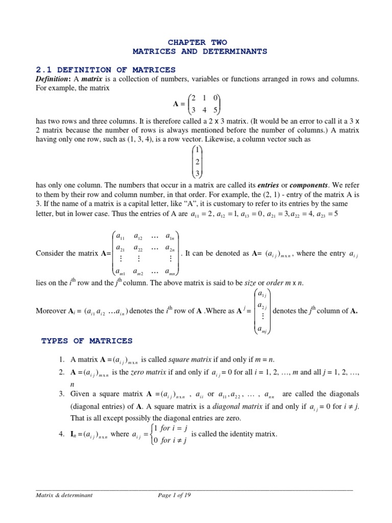 Chapter 2 Matrices and Determinant | PDF | Matrix (Mathematics) | Determinant