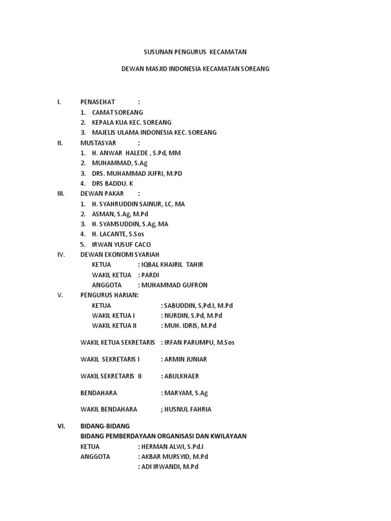 Susunan Pengurus Dmi Kec. Soreang | PDF