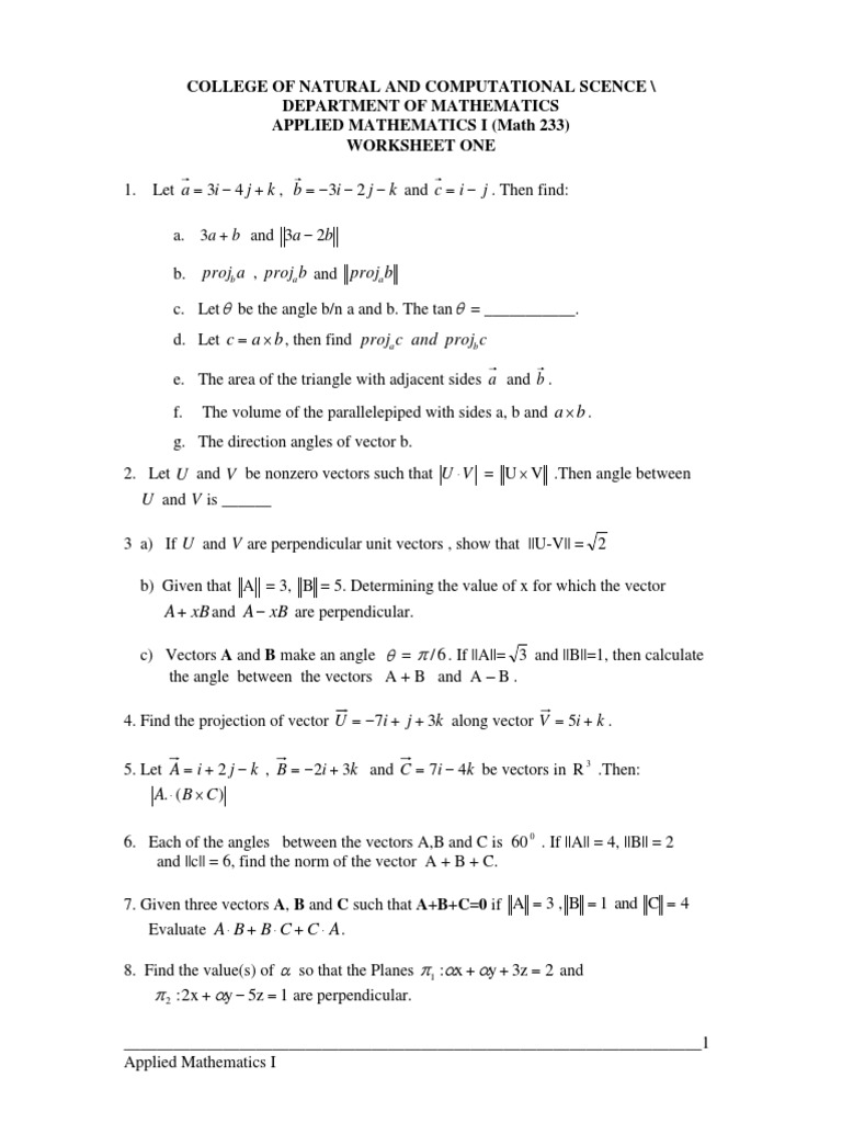 Math 231 Worksheet 1 (Vector) | PDF | Plane (Geometry) | Line (Geometry)