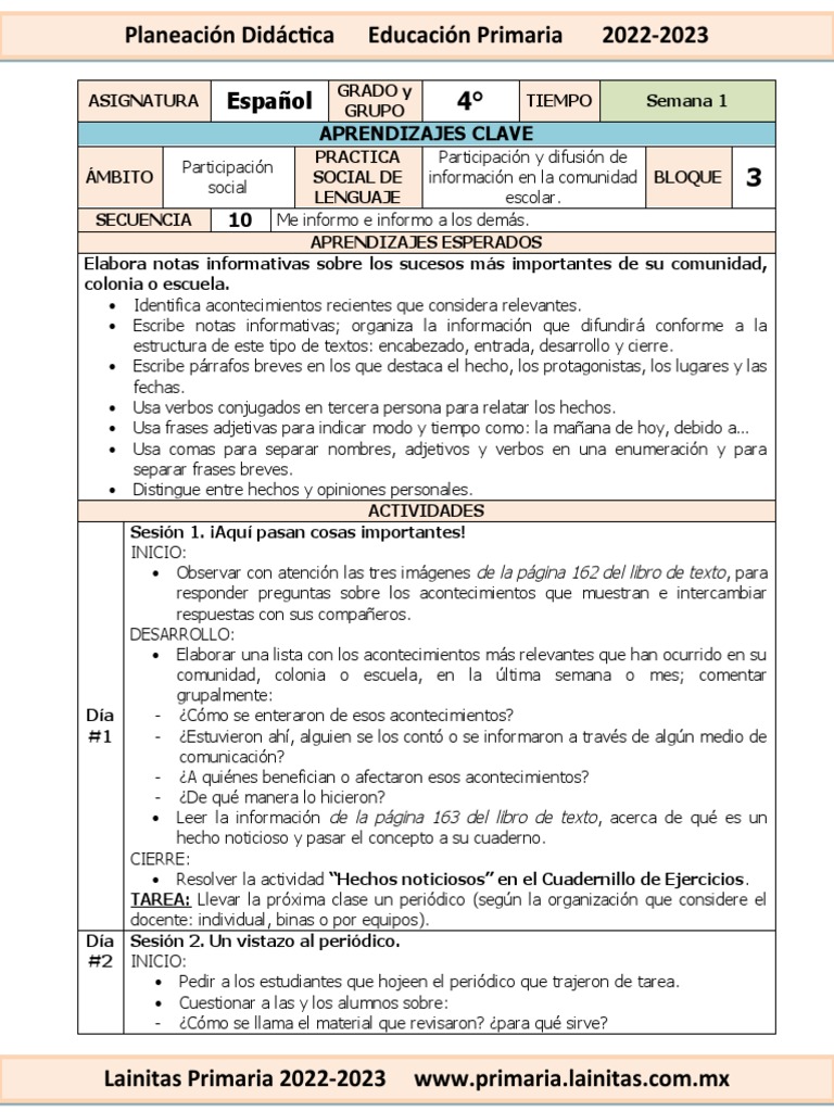 Planeación Didáctica 4° Grado Español | PDF | Periódicos | Información
