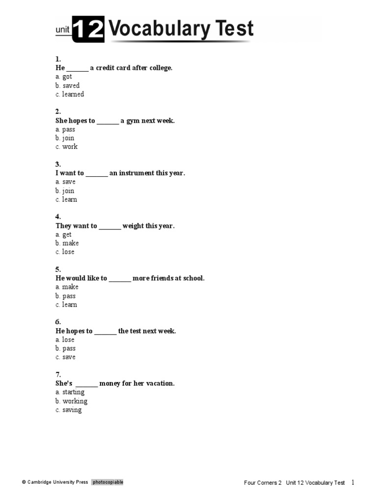 Four Corners Second Edition - Level 2 - U12Vocabulary | PDF