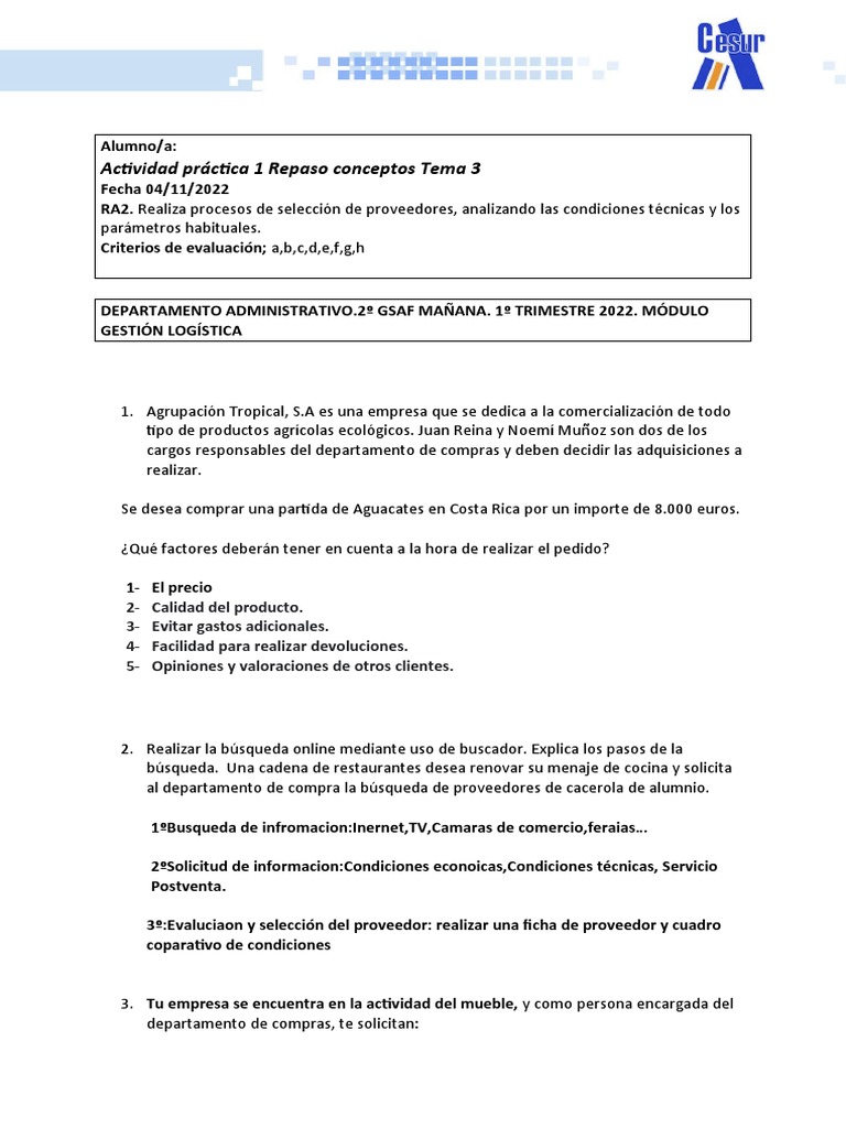 Gestión Logística Tema 3. Actividad 1 - Repaso Conceptos Tema | PDF | Logística | Oferta (economía)