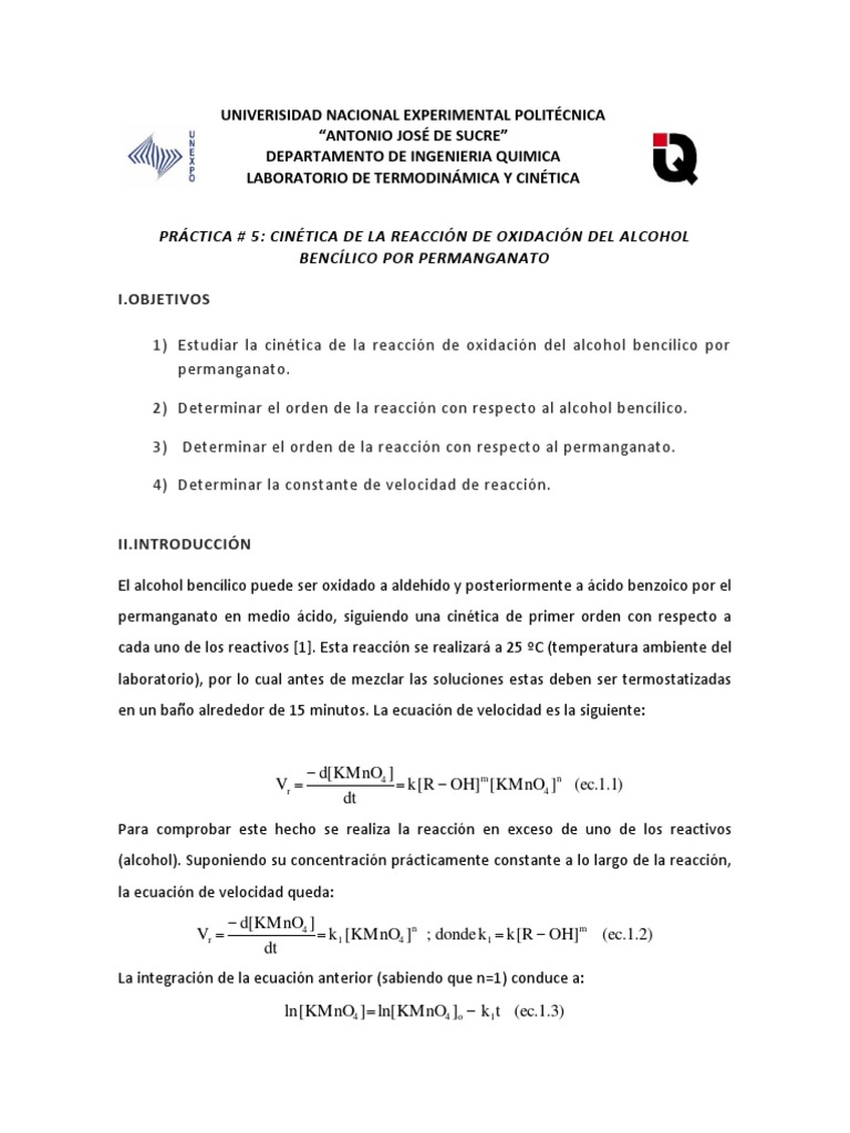 Cinética de oxidación del alcohol bencílico | PDF | Cinética química ...