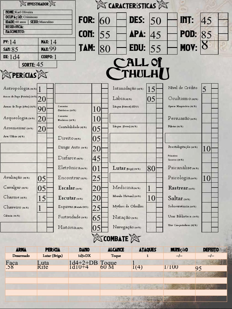 Ficha Call of Cthulhu Editável | PDF