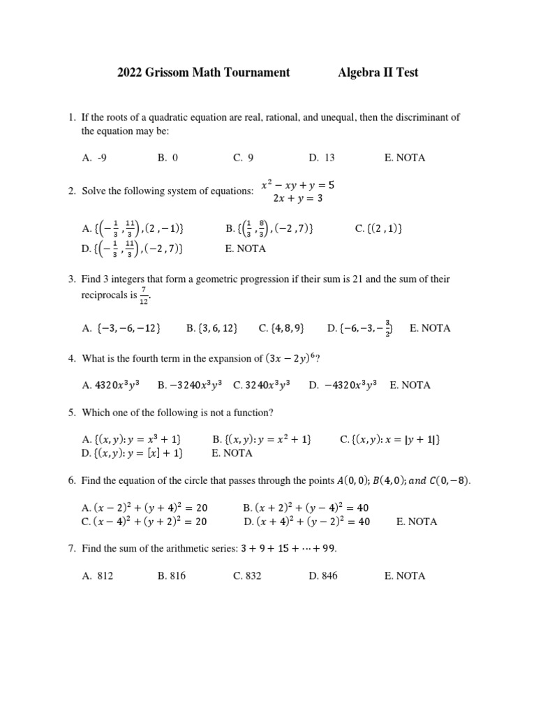 2022 Algebra II Test | Download Free PDF | Equations | Algebra