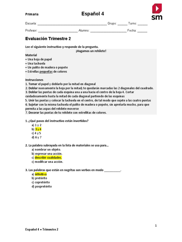 Espanol 4 EVALUACION TRIMESTRE 2 SOLUCIONARIO | PDF | Rana