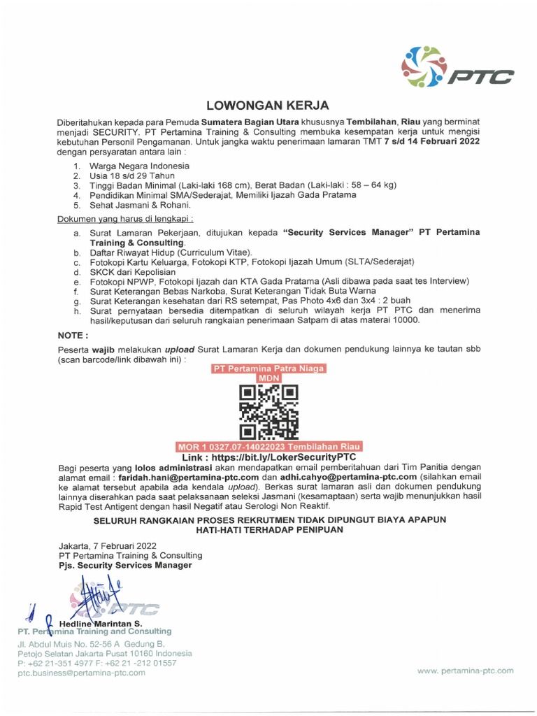 0327-Lowongan Kerja Tenaga Pengamanan Lokasi Kerja PT Pertamina Patra ...
