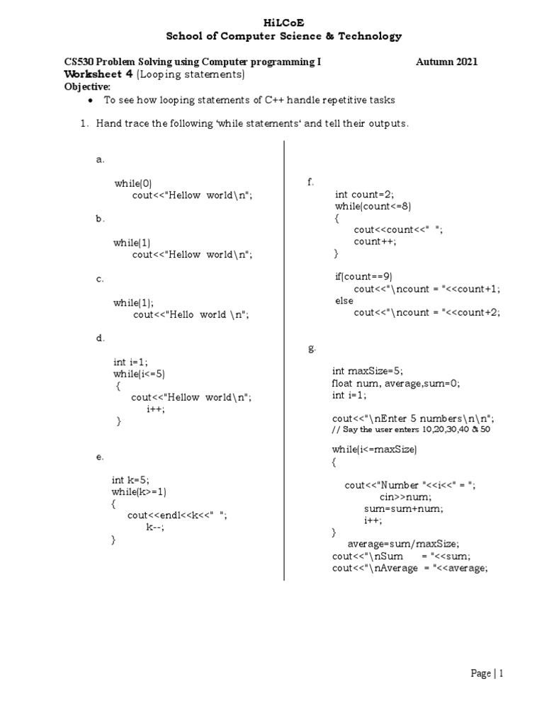 Worksheet 4 Looping Statements One Pdf Software Development Computer Engineering