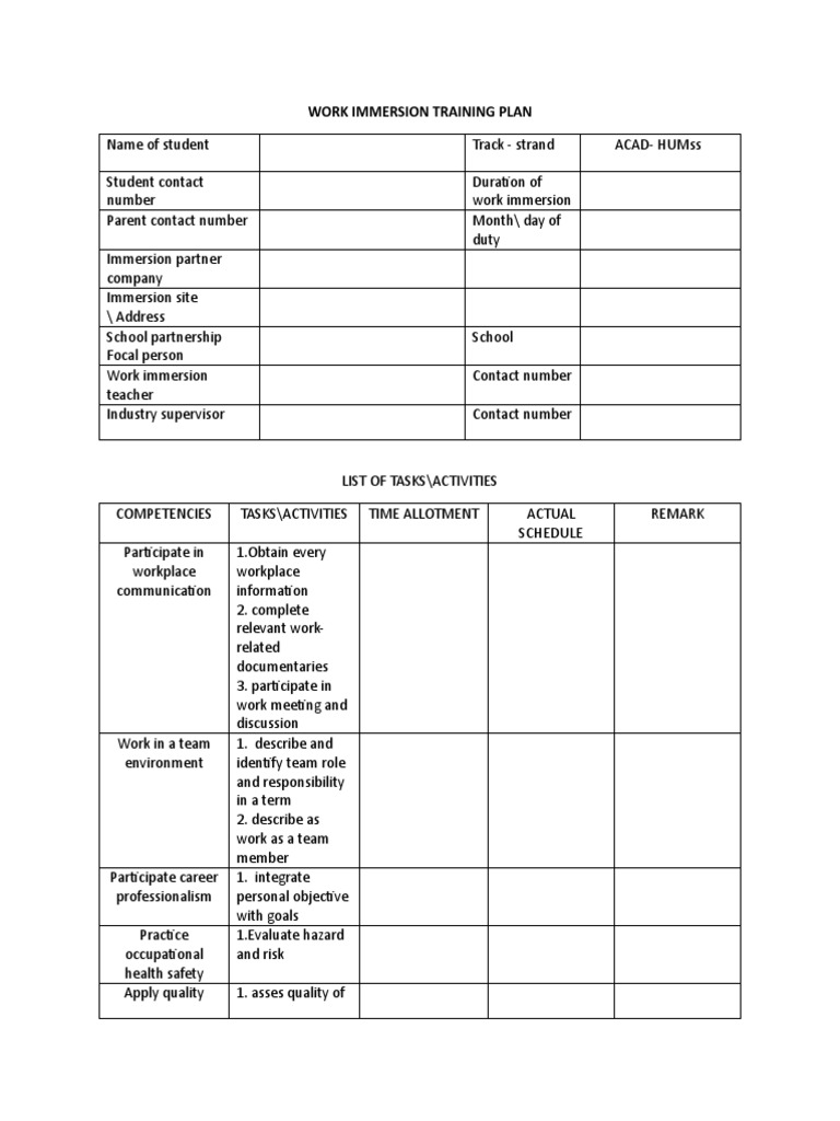 Work Immersion Training Plan | PDF