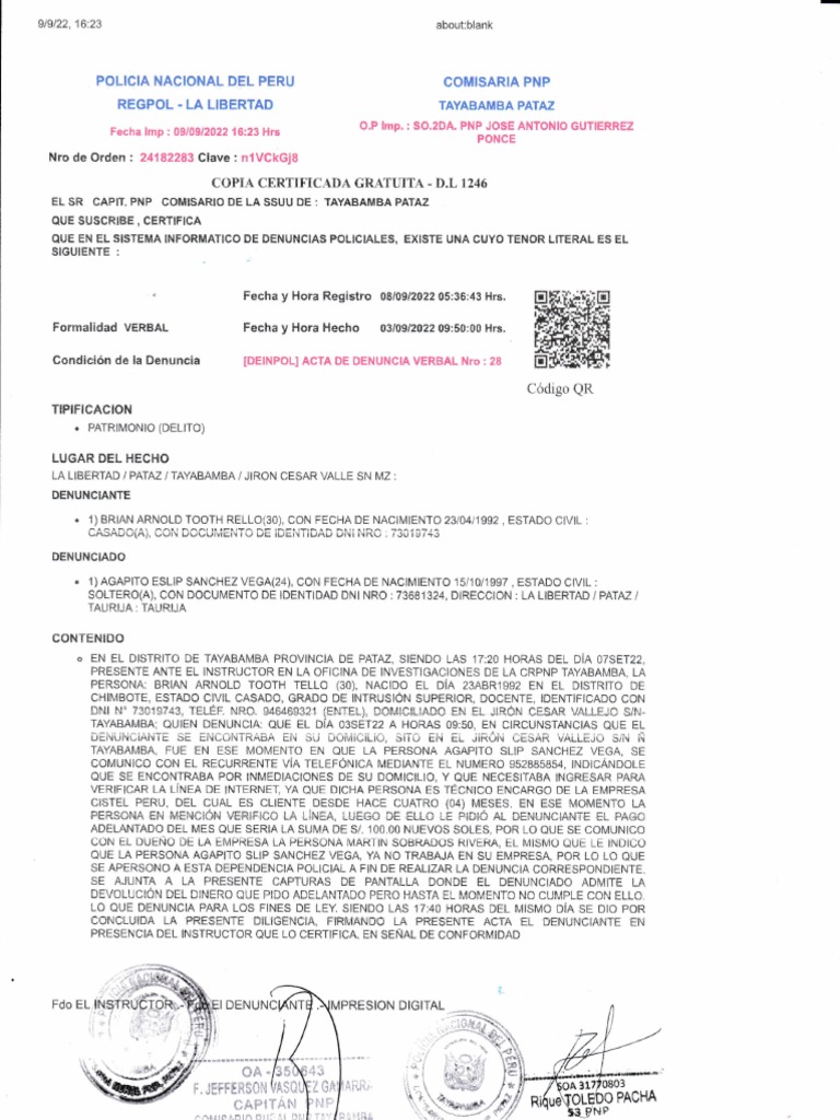 Denuncia Policial-COMISARIA TAYABAMBA-PATAZ | PDF