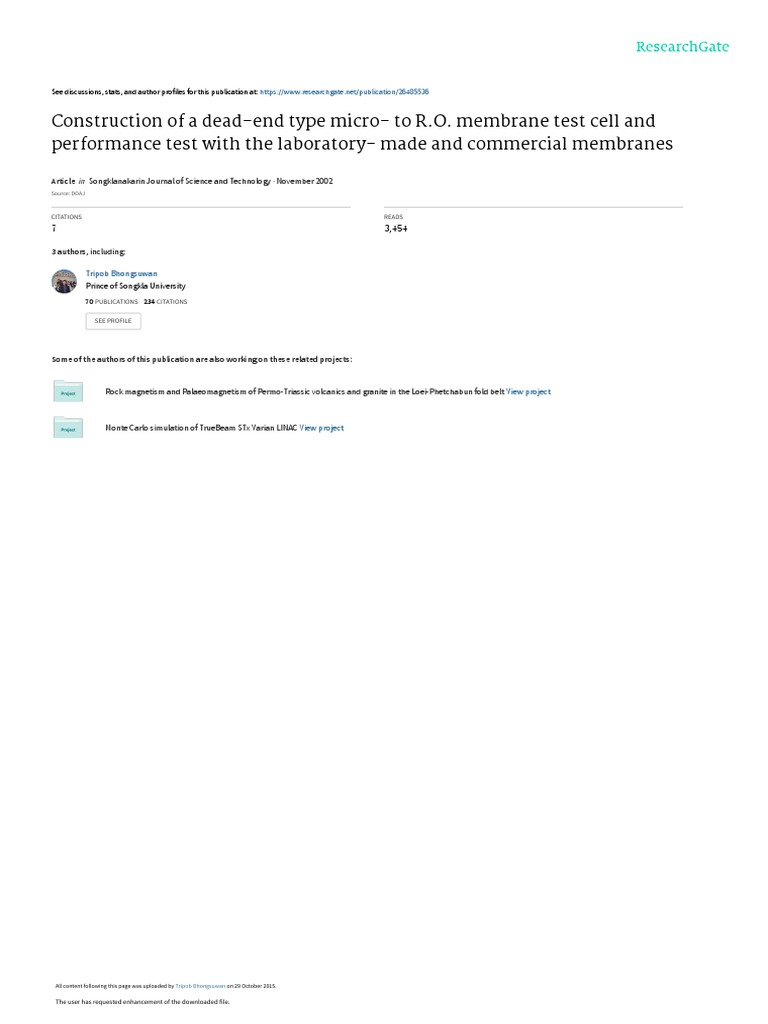 Construction of A Dead-End Type Micro - To R.O. Membrane Test Cell and ...