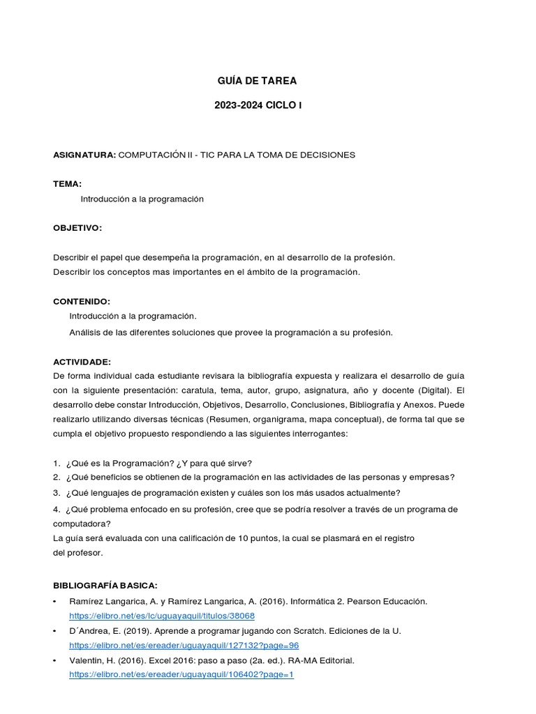 Tarea 1 Introduccion A La Programacion | PDF Tarea 1 Introduccion A La Programacion | PDF