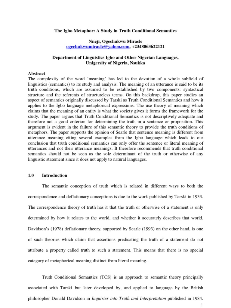 Truth Conditional Semantics In Igbo Metaphor Pdf Semantics Truth