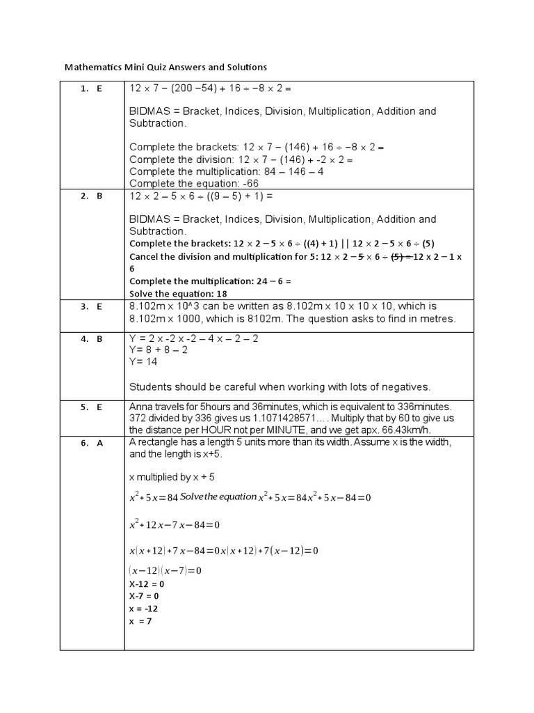 SW Maths Sample Set Answers | PDF | Multiplication | Speed