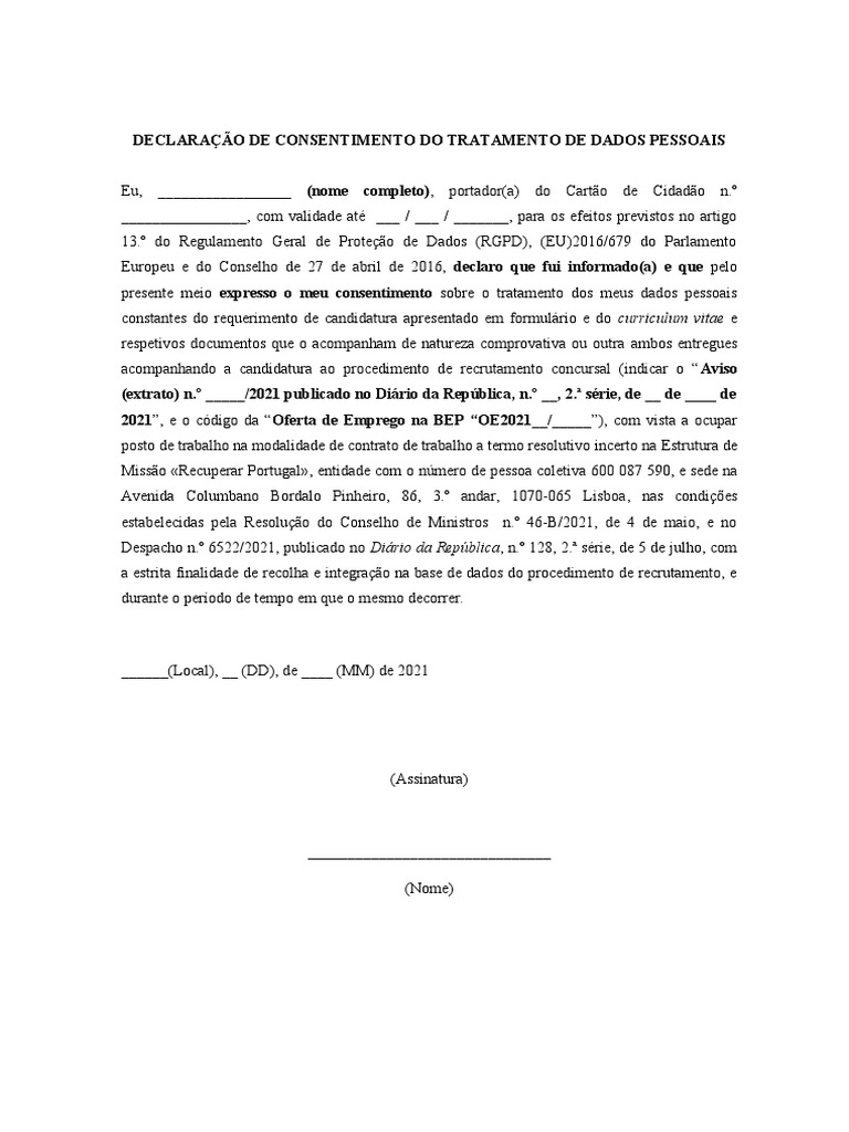 Declaracao de Consentimento RGPD | PDF