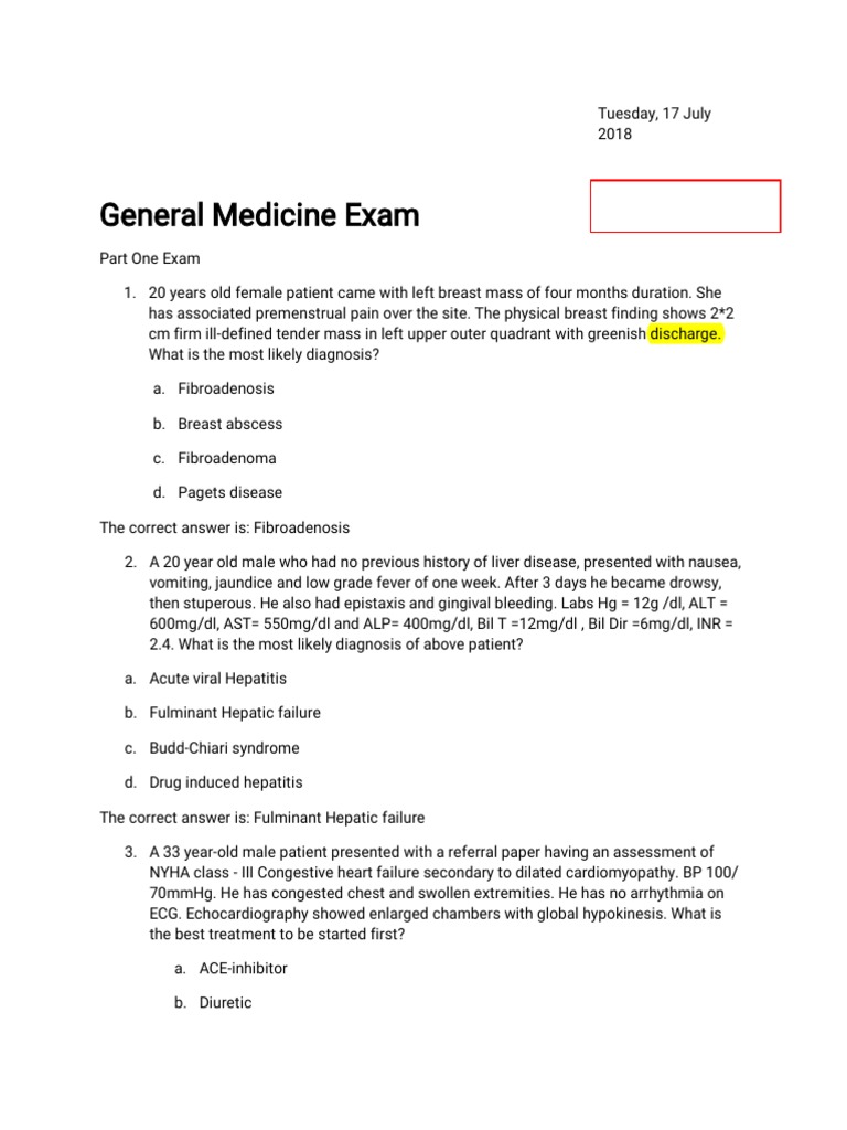 General Medicine Exam: Part One Exam Results and Case Studies | PDF ...