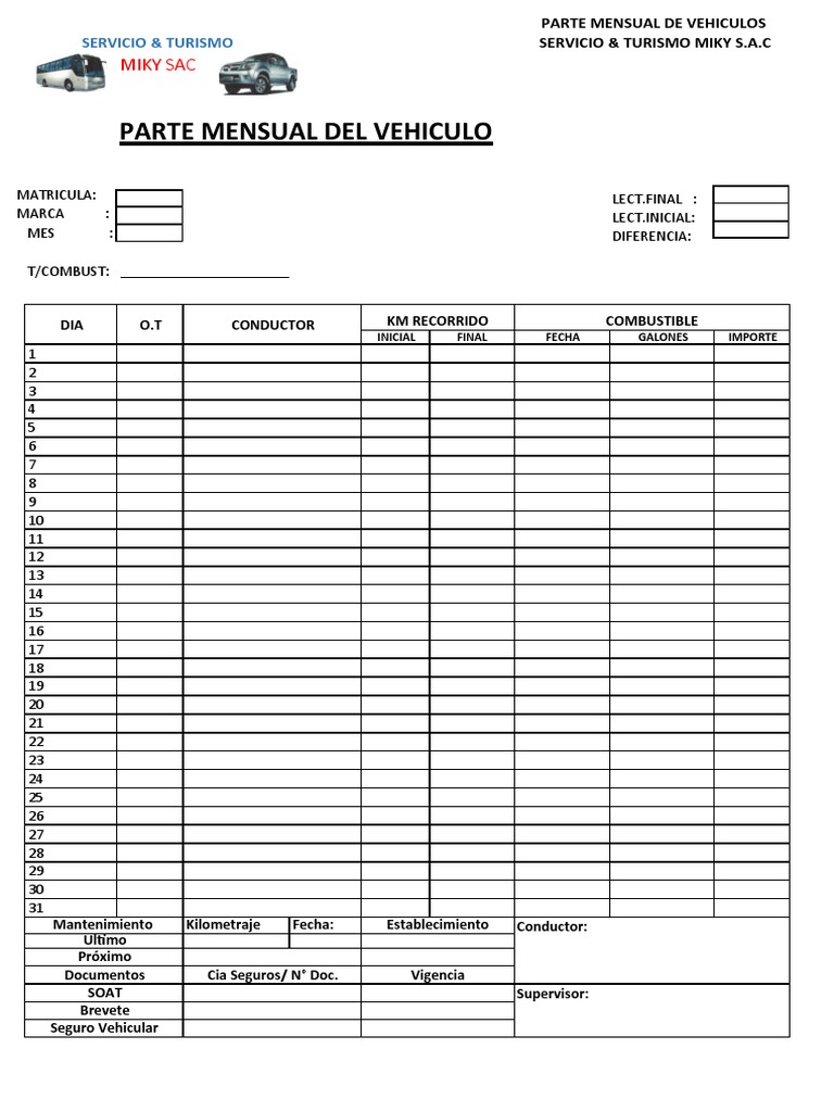 Hoja Parte Mensual Servicio & Turismo | PDF