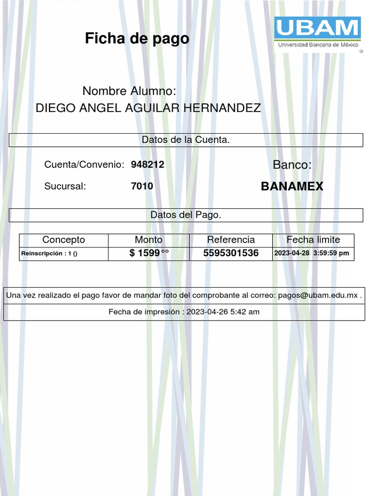 Pago de Reinscripción UBAM | PDF