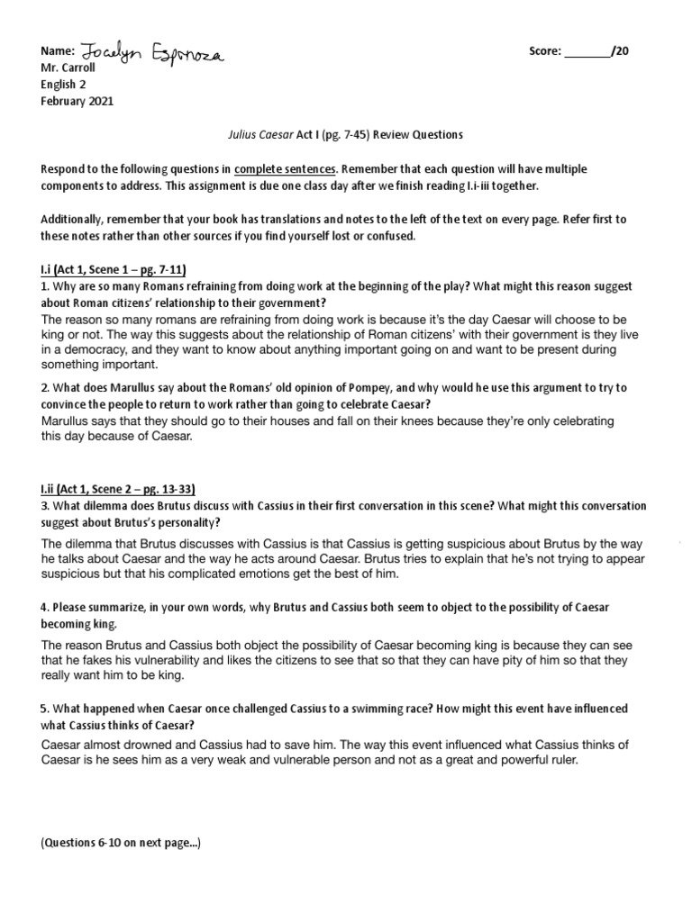 Julius Caesar Act I Review Questions | PDF | Young Adult | General Fiction