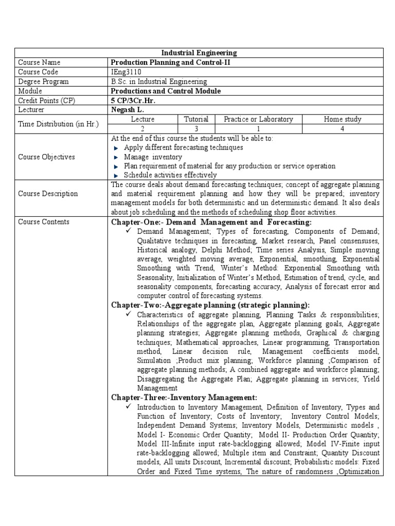 Industrial Engineering PPC-II COURSE OUTLINE | PDF | Scheduling ...