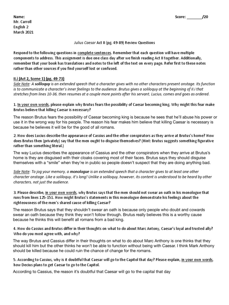 Julius Caesar Act II Review Questions | Download Free PDF | Julius Caesar