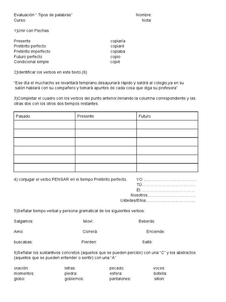 Evaluación " Tipos de Palabras" 2023 Nombre | PDF | Verbo | Sustantivo