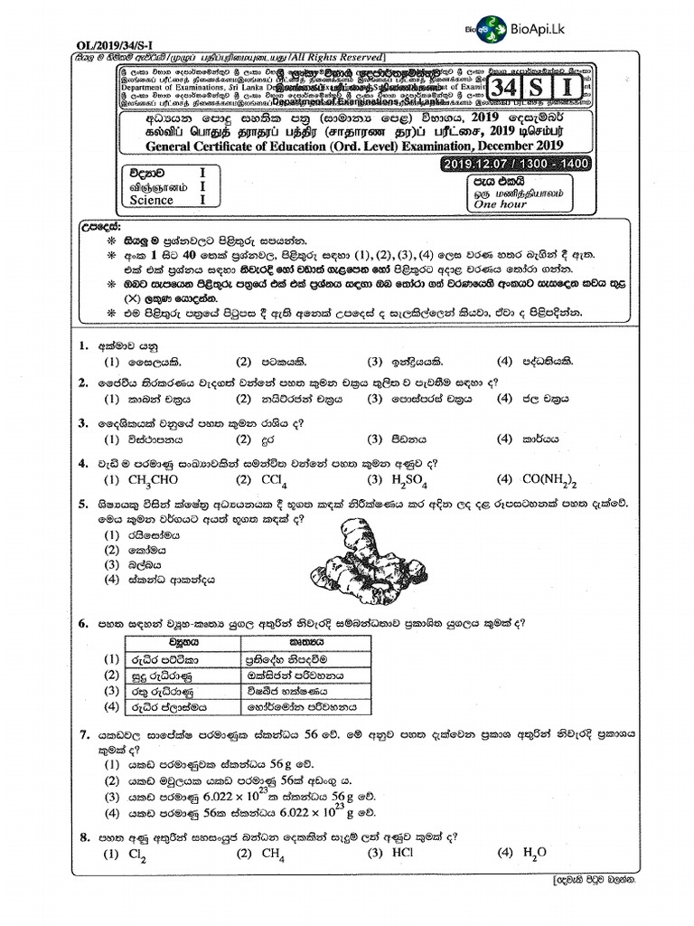2019 OL Science Past Paper Sinhala Medium | PDF