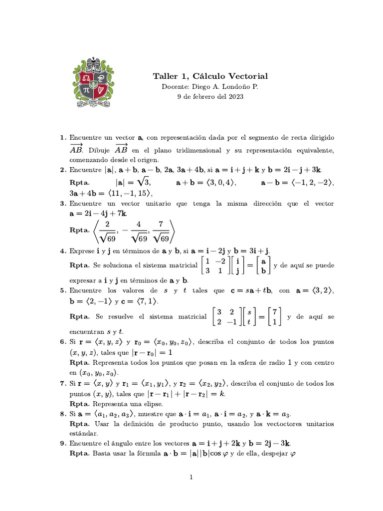 Taller 1, Cálculo Vectorial, Soluciones | PDF | Vector Euclidiano | Conceptos matemáticos
