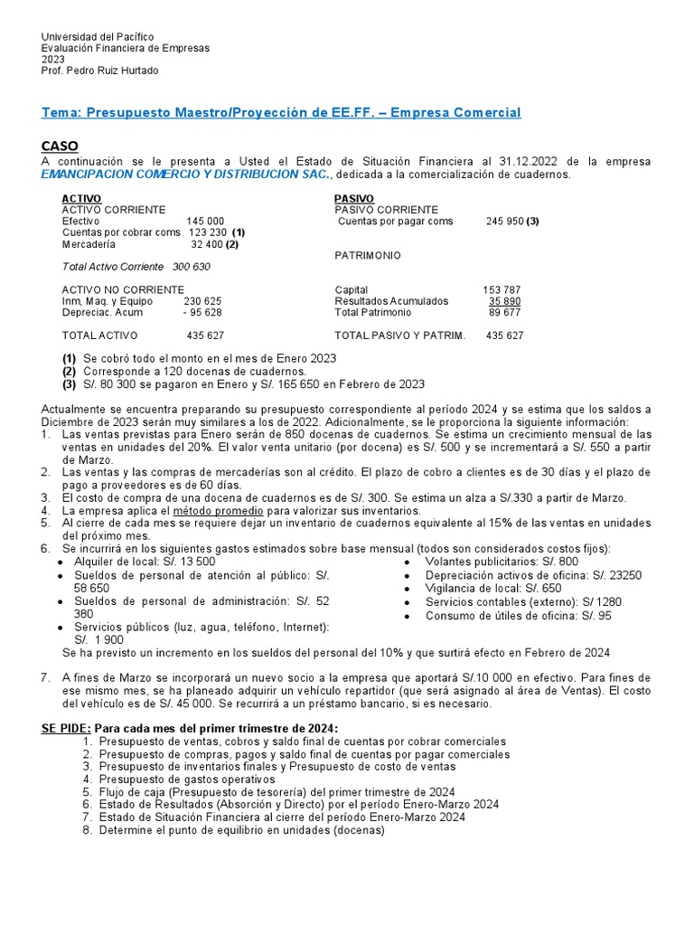 Ejercicio 1 Proy EE - FF. | PDF | Presupuesto | Economias