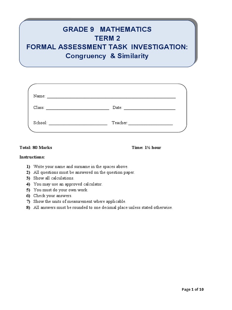 Mathematics Gr 9 Of Investigation Term 2 Congruency Similarity Pdf