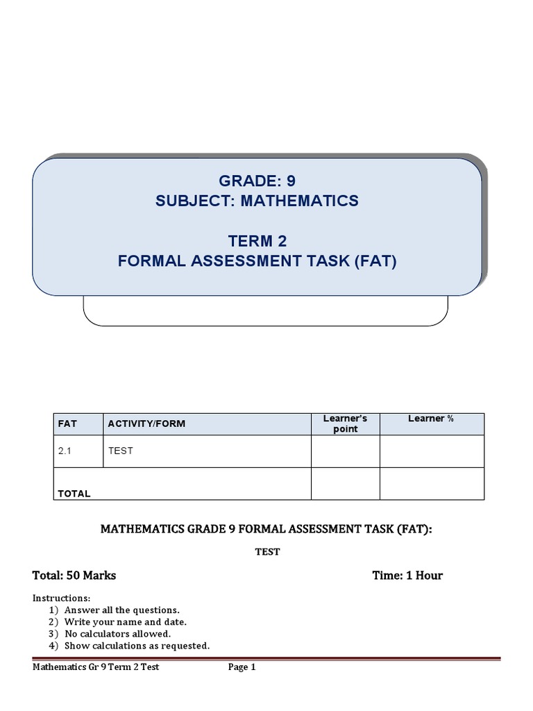 Grade 9 Term 2 Maths Assessment | PDF