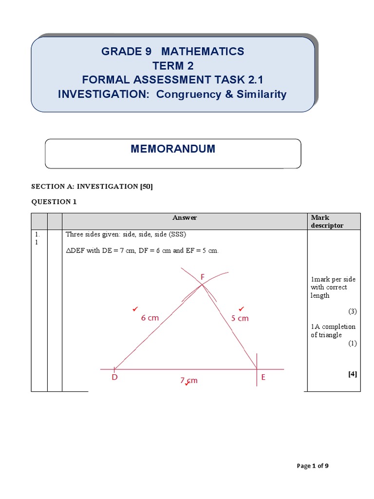 Mathematics GR 9 Investigation Term 2 MEMORANDUM Congruency and ...
