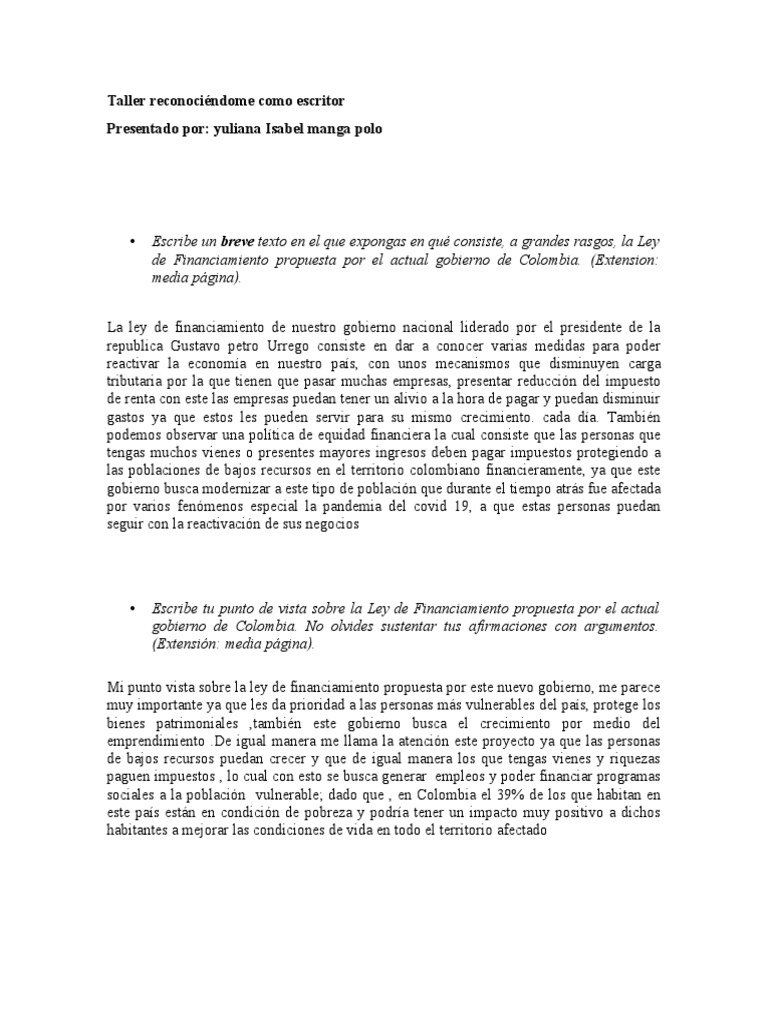 Taller Reconociendome Como Escritor Yuli | PDF